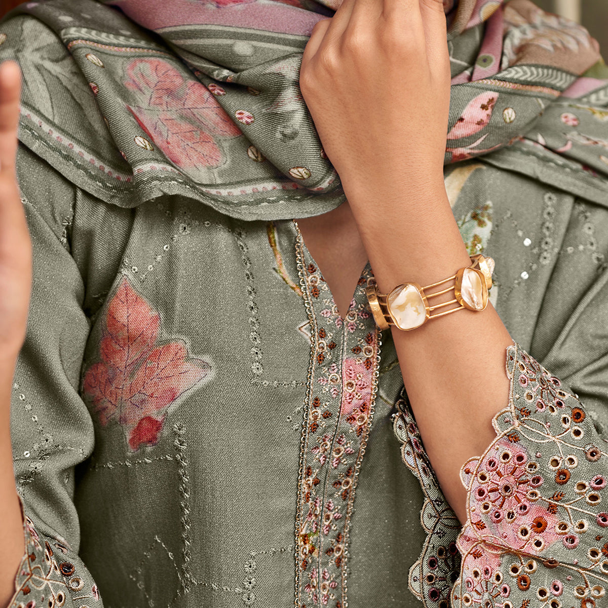 Grey Pure Pashmina Shimmar Embroidery Digital Print Long Salwar Suit – Jay Vijay Prints Pvt. Ltd.