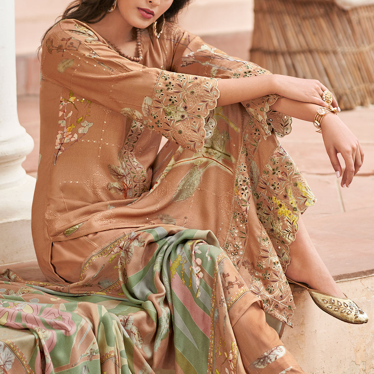 Pure Pashmina Shimmar Embroidery Digital Print Long Salwar Kameez In P – Jay Vijay Prints Pvt. Ltd.