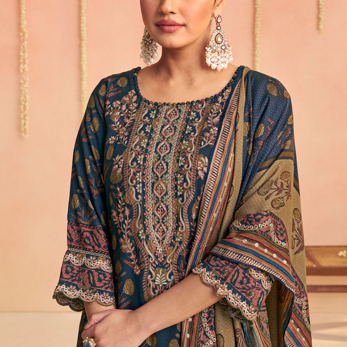 Timeless Navy Blue Pure Pashmina Digital Print And Embroidery Work Lon – Jay Vijay Prints Pvt. Ltd.