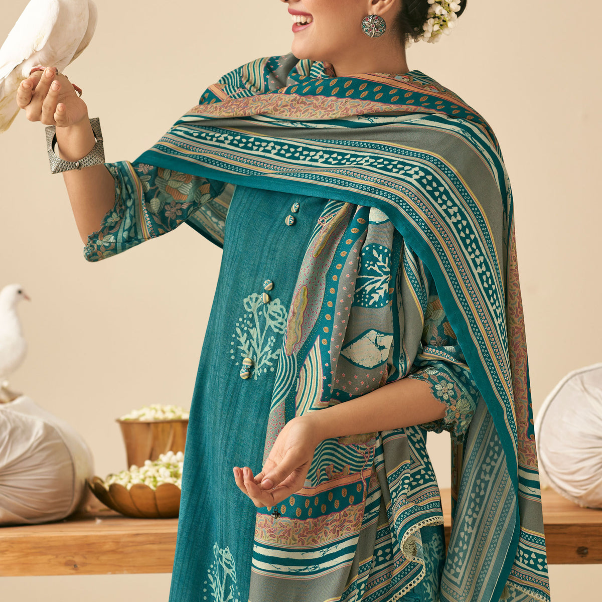 Pure Pashmina Slub Hand Batik Print Salwar Kameez In Teal Color – Jay Vijay Prints Pvt. Ltd.
