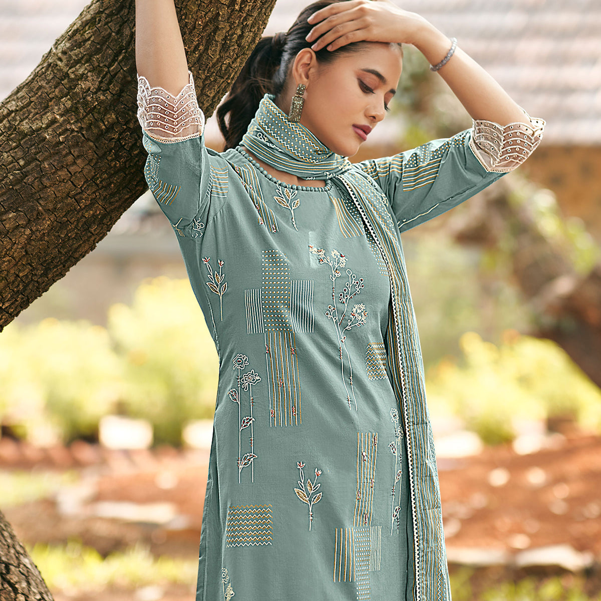 Light Cyan Color Pure Cotton Block Print With Handwork Straight Cut Su ...