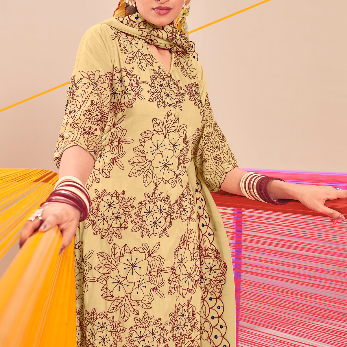 Pure Moga Silk Fancy Cream Embroidery Disigner Long Suit – Jay Vijay ...