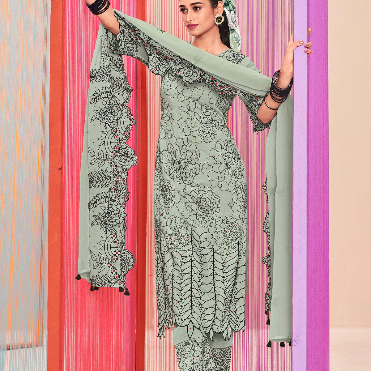 Pure Moga Silk Fancy Embroidery Disigner Long Suit In Light Cyan Color ...