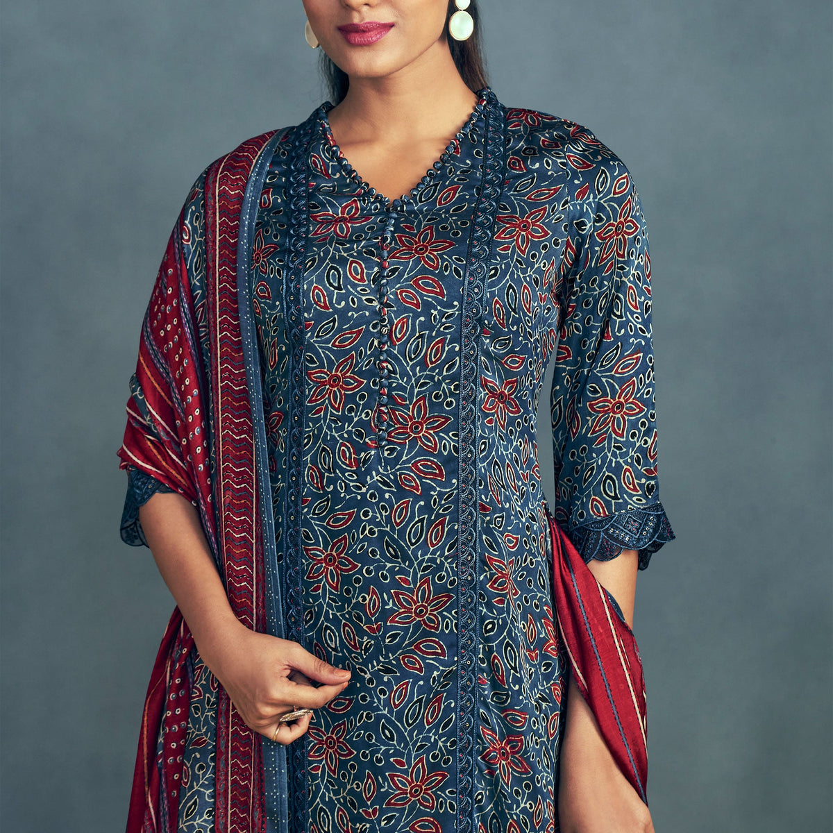 Navy Blue Color Pure Modal Silk Pure Ajrak Print Casual Long Straight ...