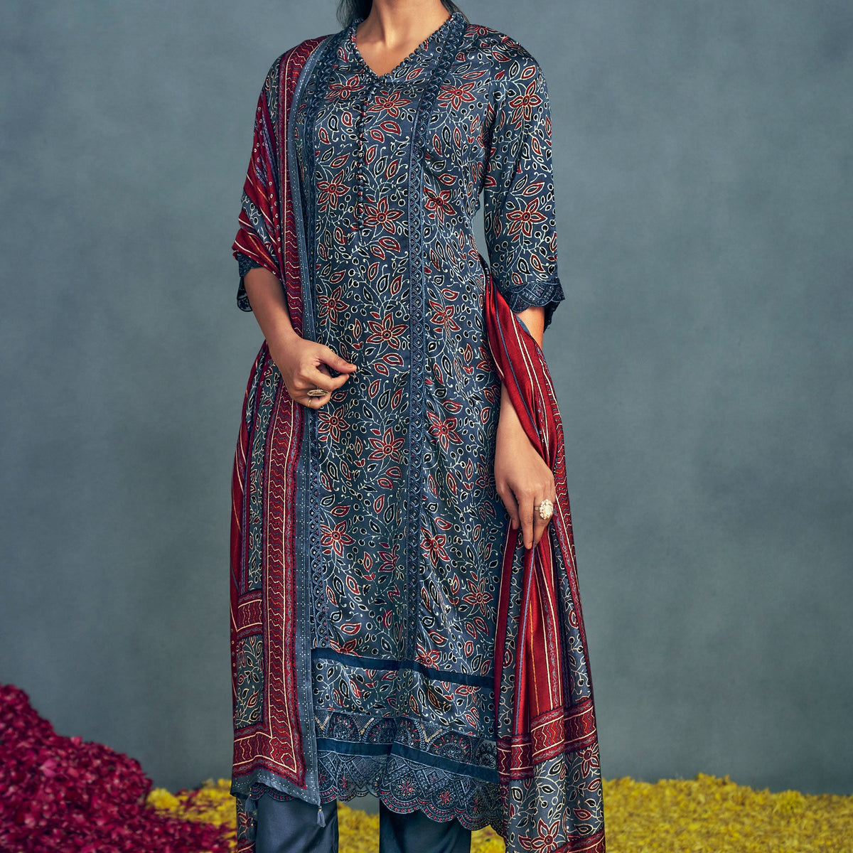 Navy Blue Color Pure Modal Silk Pure Ajrak Print Casual Long Straight ...