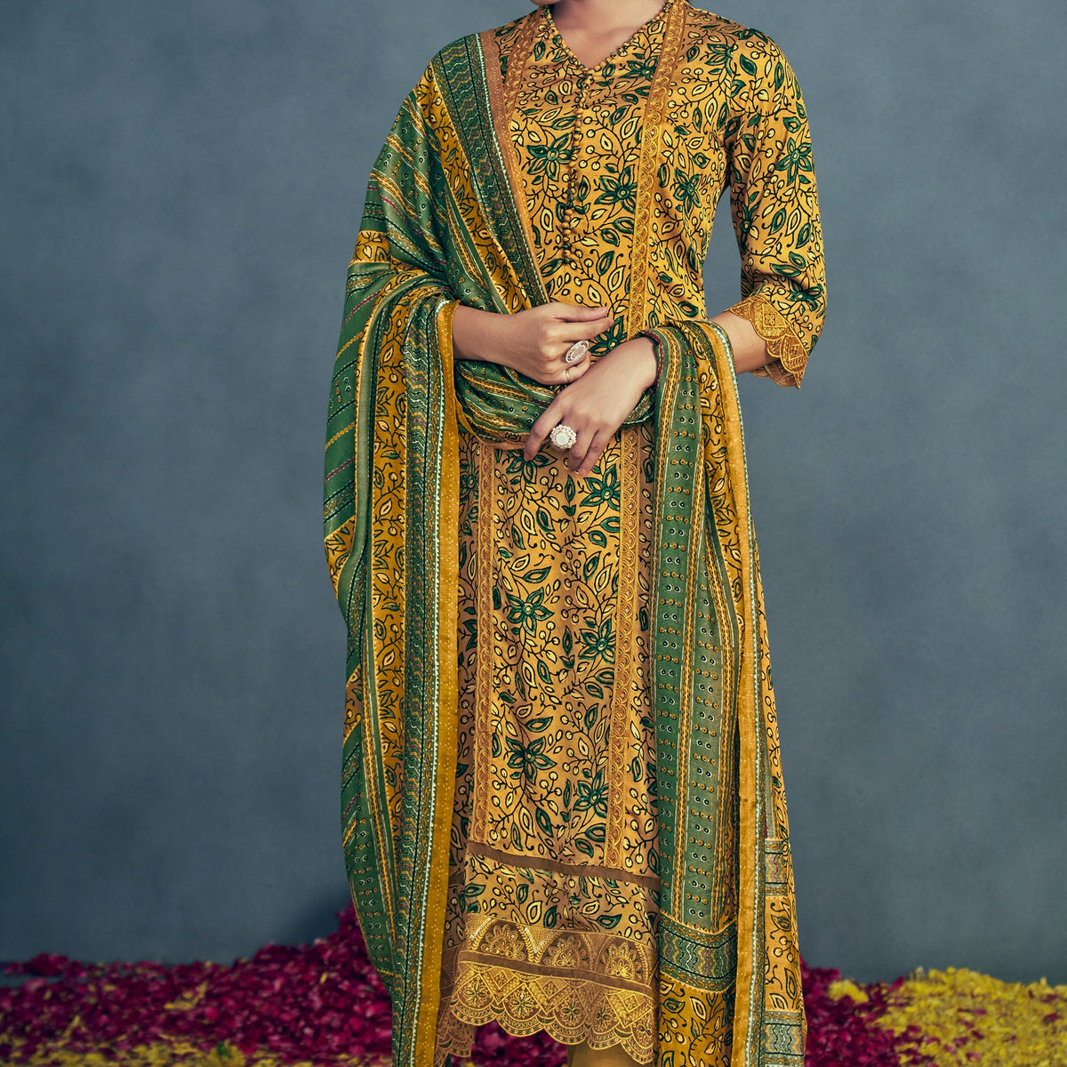 Pure Modal Silk Pure Ajrak Print Mustard Color Daily Wear Long Straigh ...