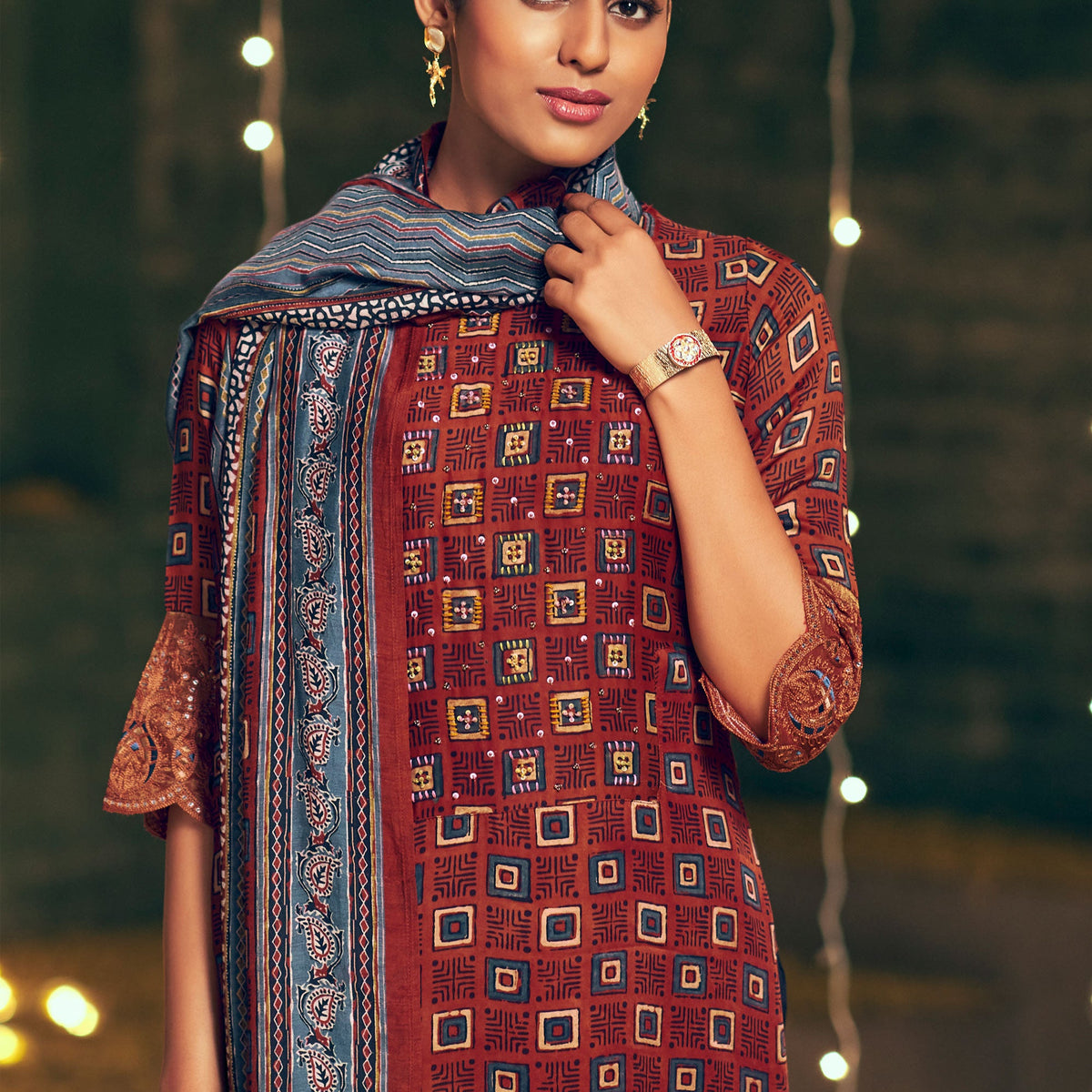 Pure Ajrak Print Pure Modal Silk Maroon Color Long Straight Cut Suit ...