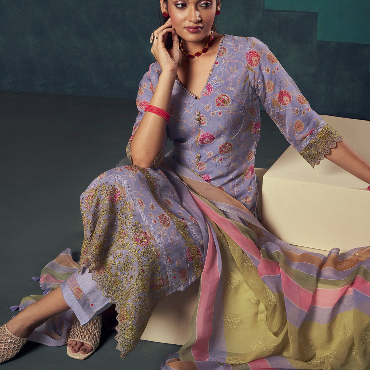 Lavender Color Pure Organza Digital Printed Long Straight Cut Salwar K ...